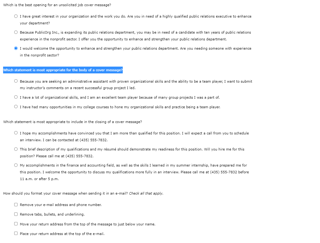 Solved Which is the best opening for an unsolicited job | Chegg.com