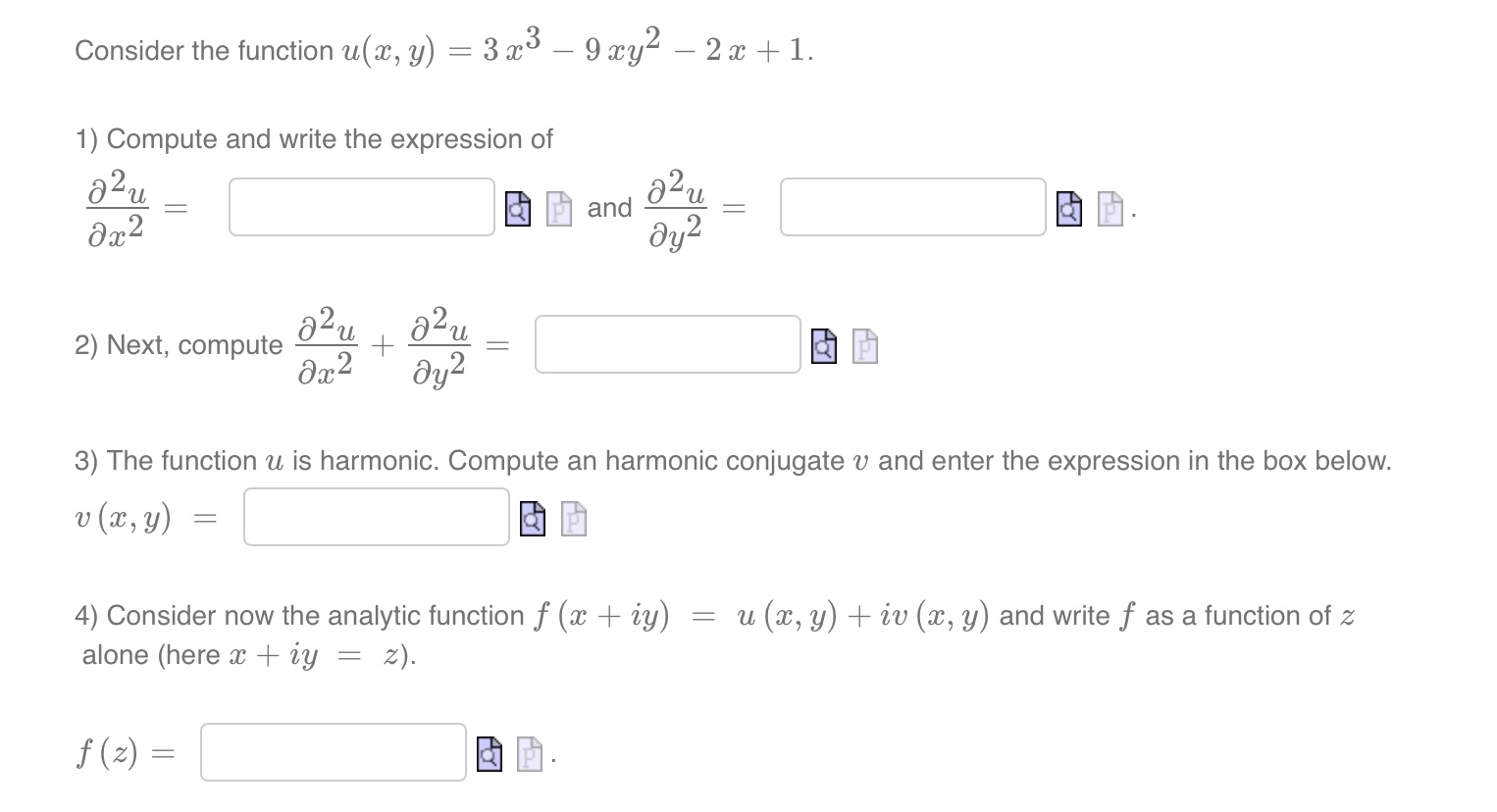 Solved Consider the function u(x,y)=3x3−9xy2−2x+1. 1) | Chegg.com