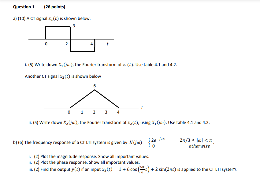 Question 1 (26 points) a) (10) A CT signal xı(t) is | Chegg.com