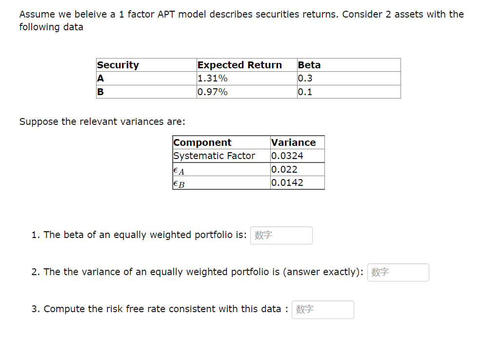 Solved Assume we beleive a 1 factor APT model describes | Chegg.com