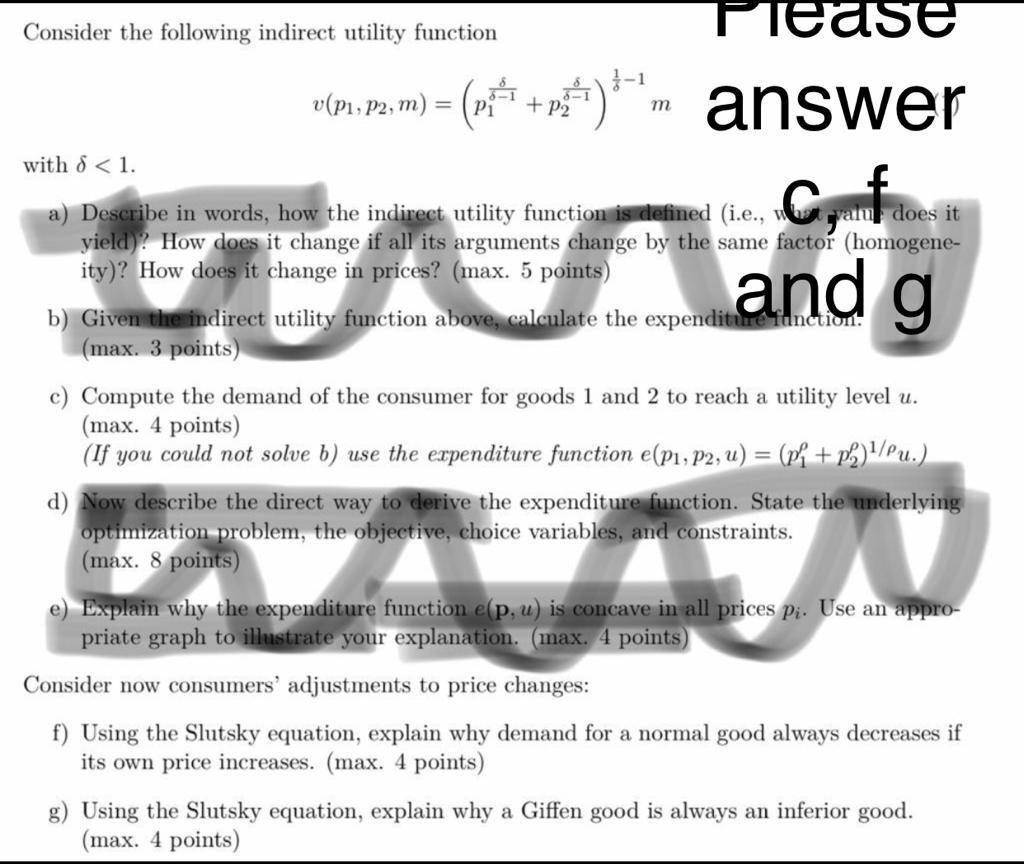 Consider the following indirect utility function | Chegg.com
