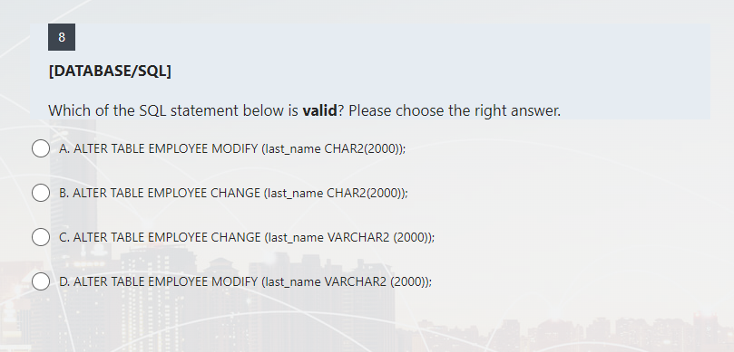 Solved Which of the SQL statement below is valid? Please | Chegg.com