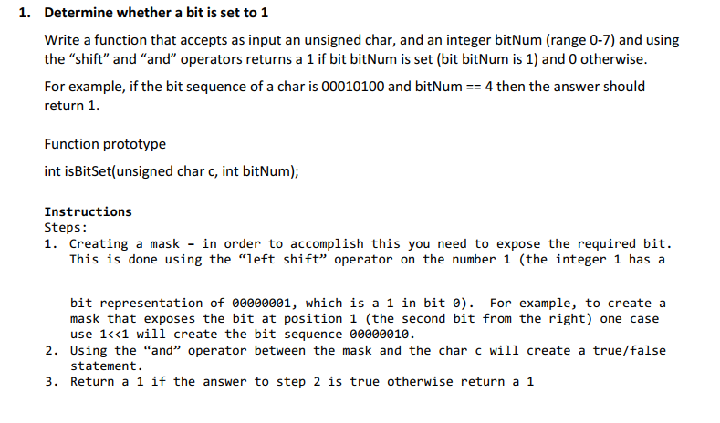 Solved 1. Determine whether a bit is set to 1 Write a | Chegg.com