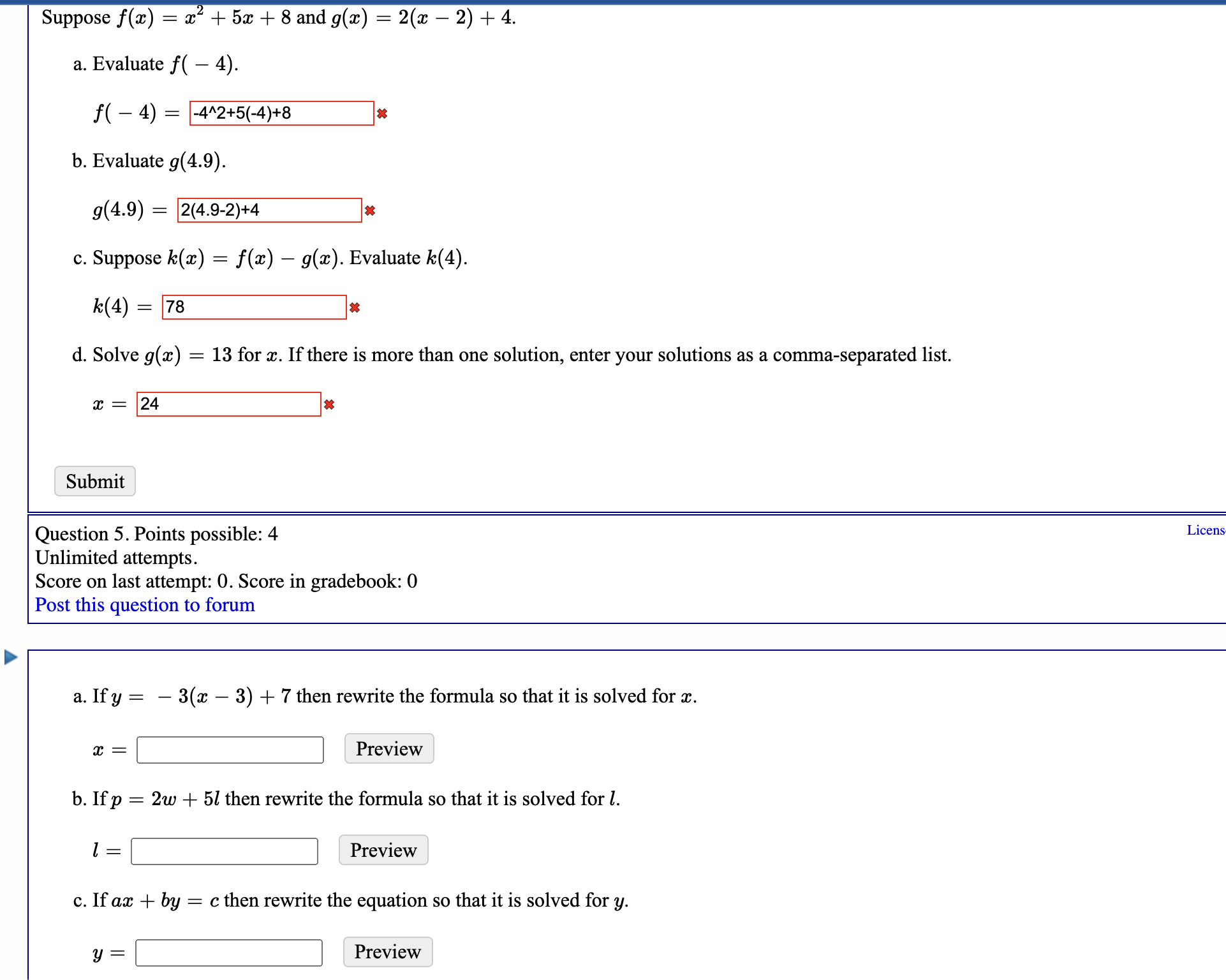 Solved Suppose f(x)=x2+5x+8 and g(x)=2(x−2)+4 a. Evaluate | Chegg.com