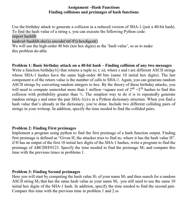 Solved Assignment - Hash Functions Finding collisions and | Chegg.com