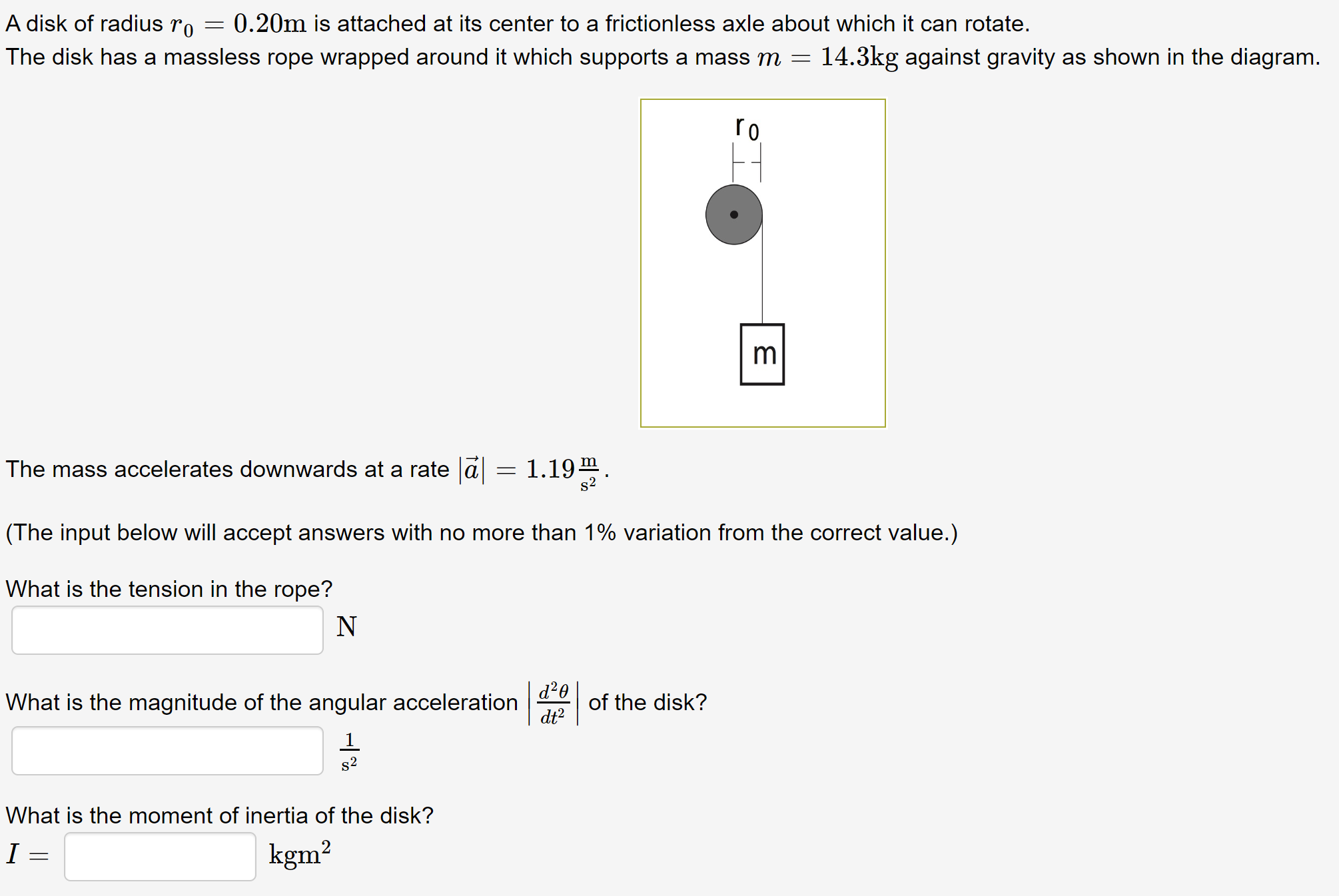 Solved A disk of radius r0=0.20m ﻿is attached at its center | Chegg.com
