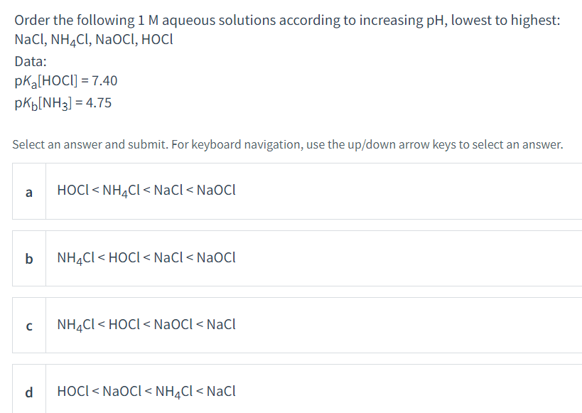 Solved Order the following 1M aqueous solutions according to | Chegg.com