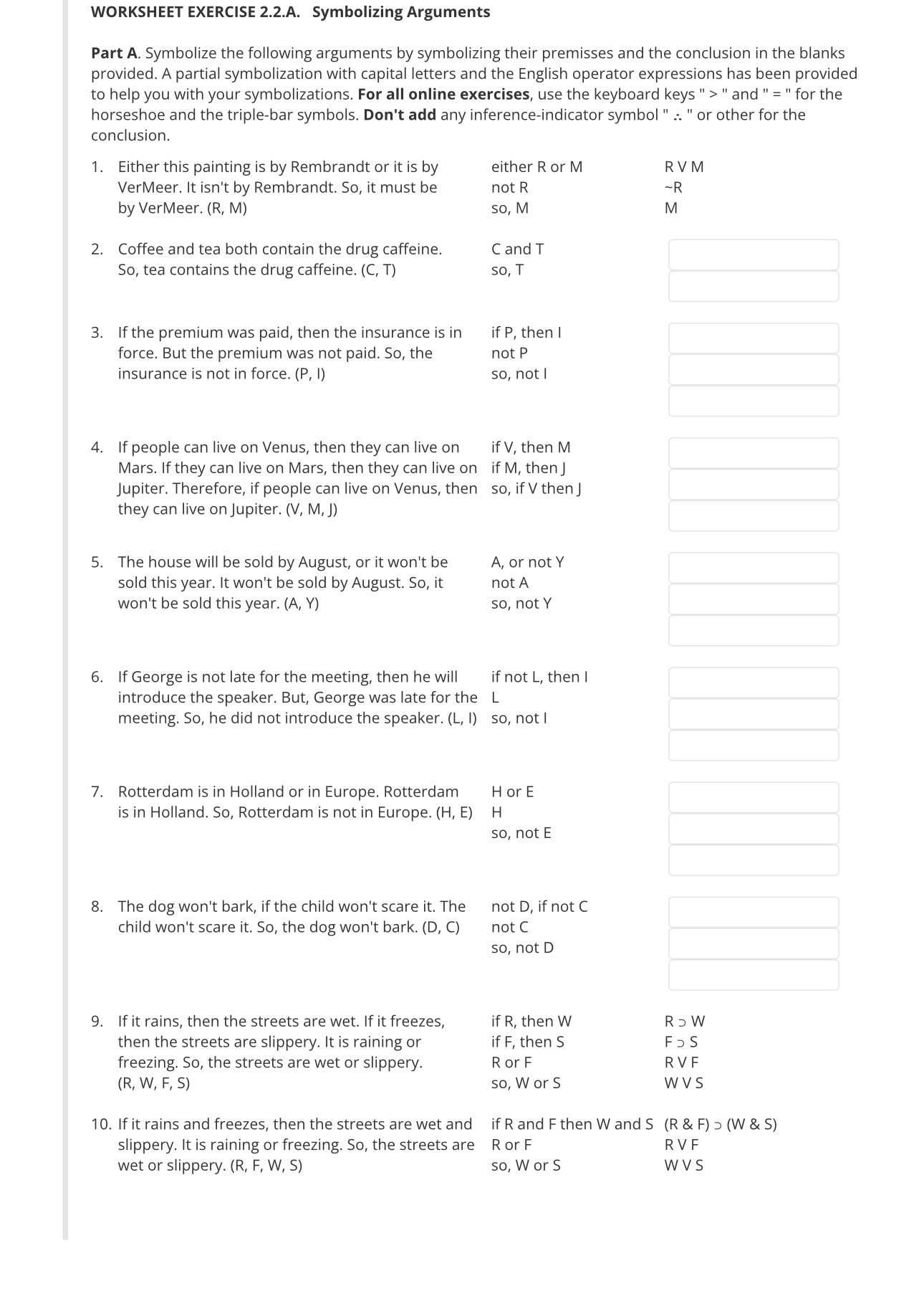Solved WORKSHEET EXERCISE 2.2.A. ﻿Symbolizing ArgumentsPart | Chegg.com