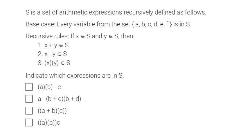 Solved S is a set of arithmetic expressions recursively | Chegg.com