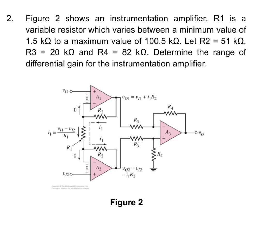 Solved 2. Figure 2 shows an instrumentation amplifier. R1 is | Chegg.com