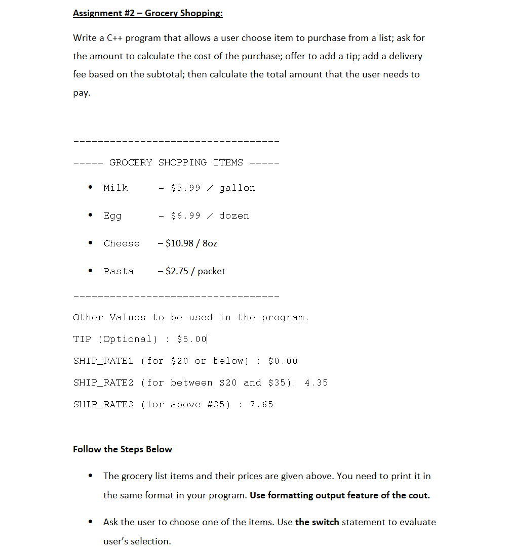 Solved Assignment 2 Grocery Shopping Write A C Program