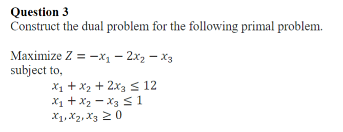 Solved Question 3 Construct the dual problem for the | Chegg.com