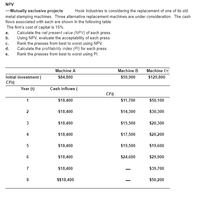 Solved NPV-Mutually exclusive projects Hook Industries is | Chegg.com