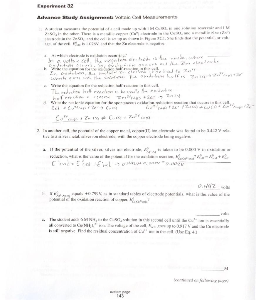 Solved Experiment 32 Advance Study Assignment: Voltaic Cell | Chegg.com