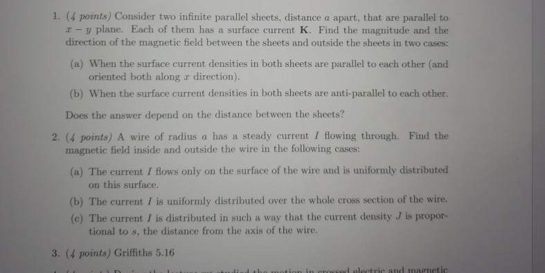 Solved 1. (4 points) Consider two infinite parallel sheets, | Chegg.com