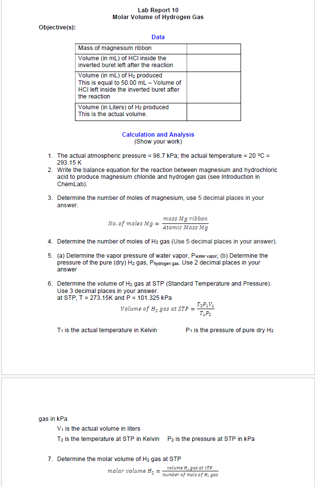 Chem 110 ﻿Lab 10 ﻿Molar Volume of Hydrogen Gas | Chegg.com