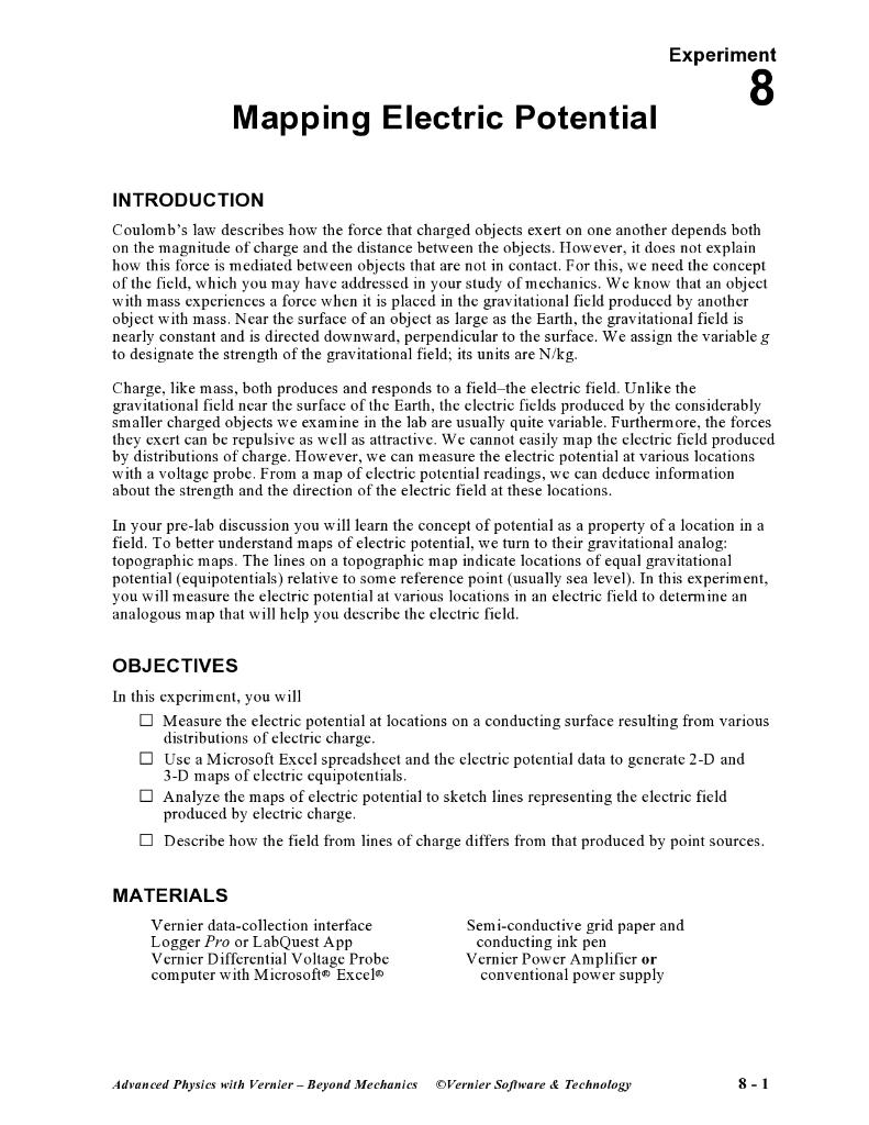 Experiment 8 Mapping Electric Potential INTRODUCTION | Chegg.com