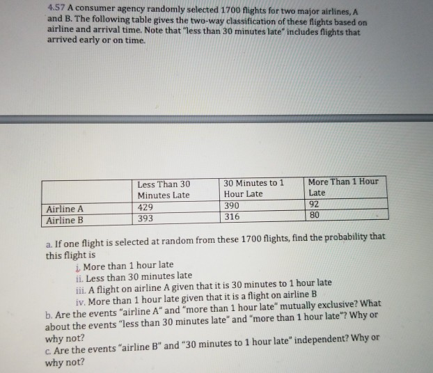 Solved 4.57 A consumer agency randomly selected 1700 flights | Chegg.com