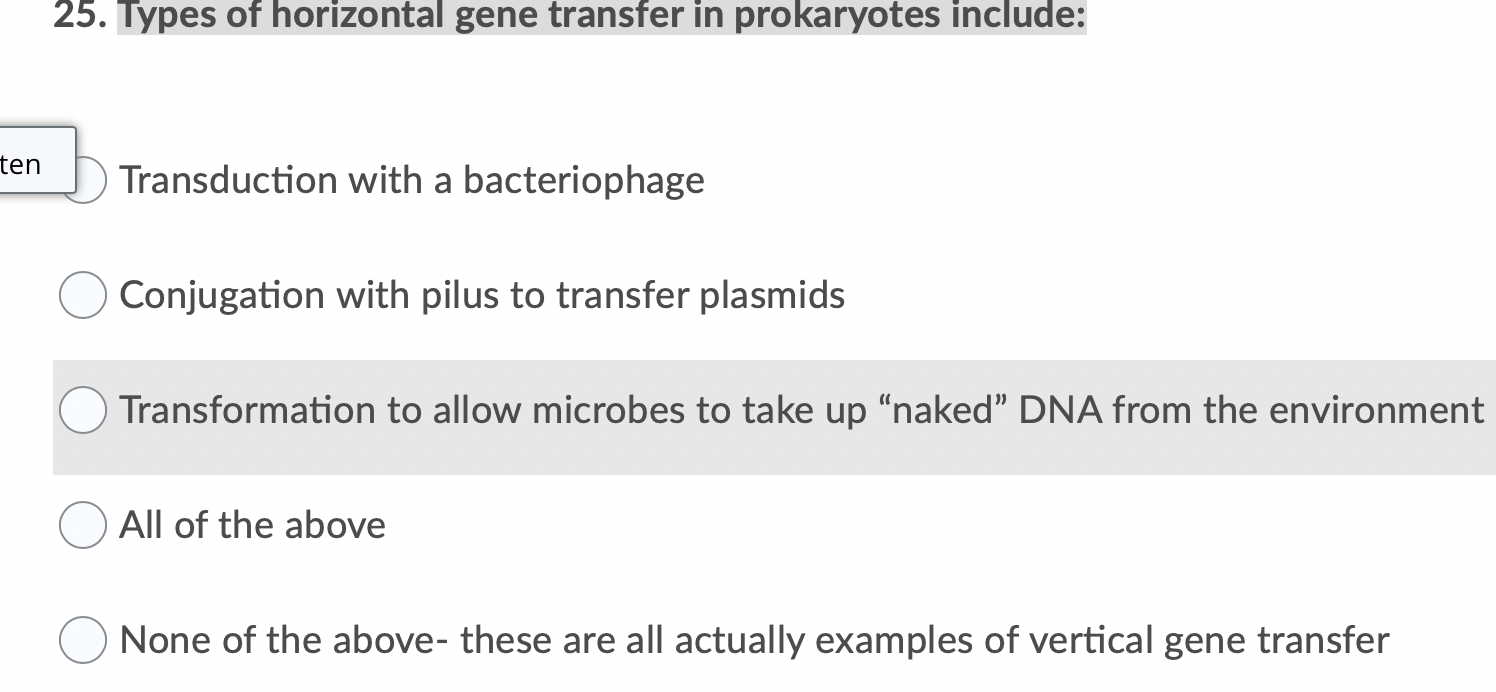Solved 25. Types of horizontal gene transfer in prokaryotes | Chegg.com
