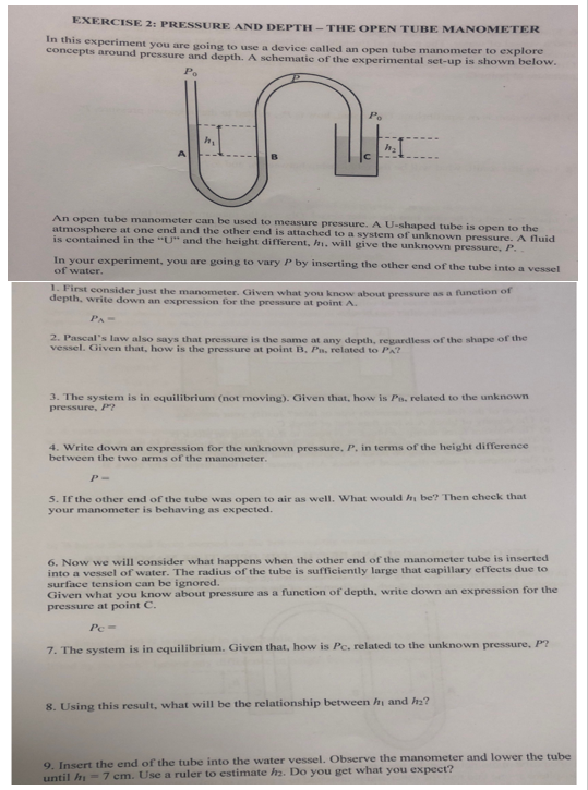 EXERCISE 2: PRESSURE AND DEPTH-THE OPEN TUBE | Chegg.com