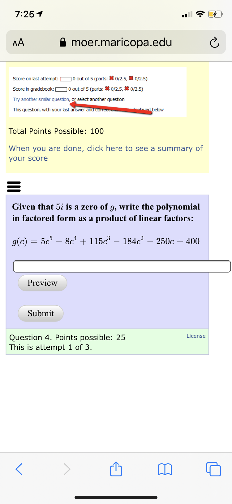 Solved 7:251 .17 05 AA moer.maricopa.edu Score on last | Chegg.com