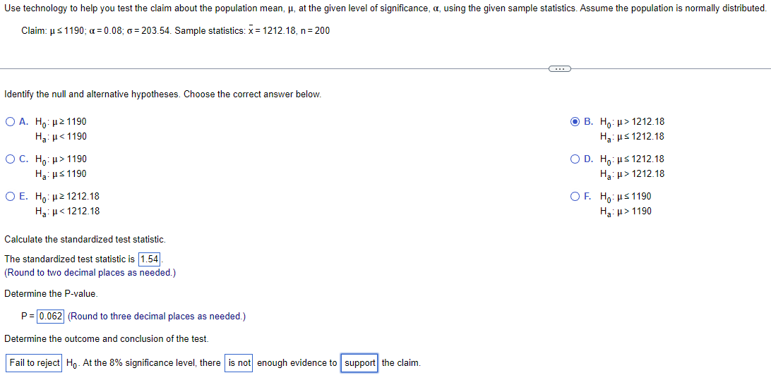 Solved Use technology to help you test the claim about the | Chegg.com
