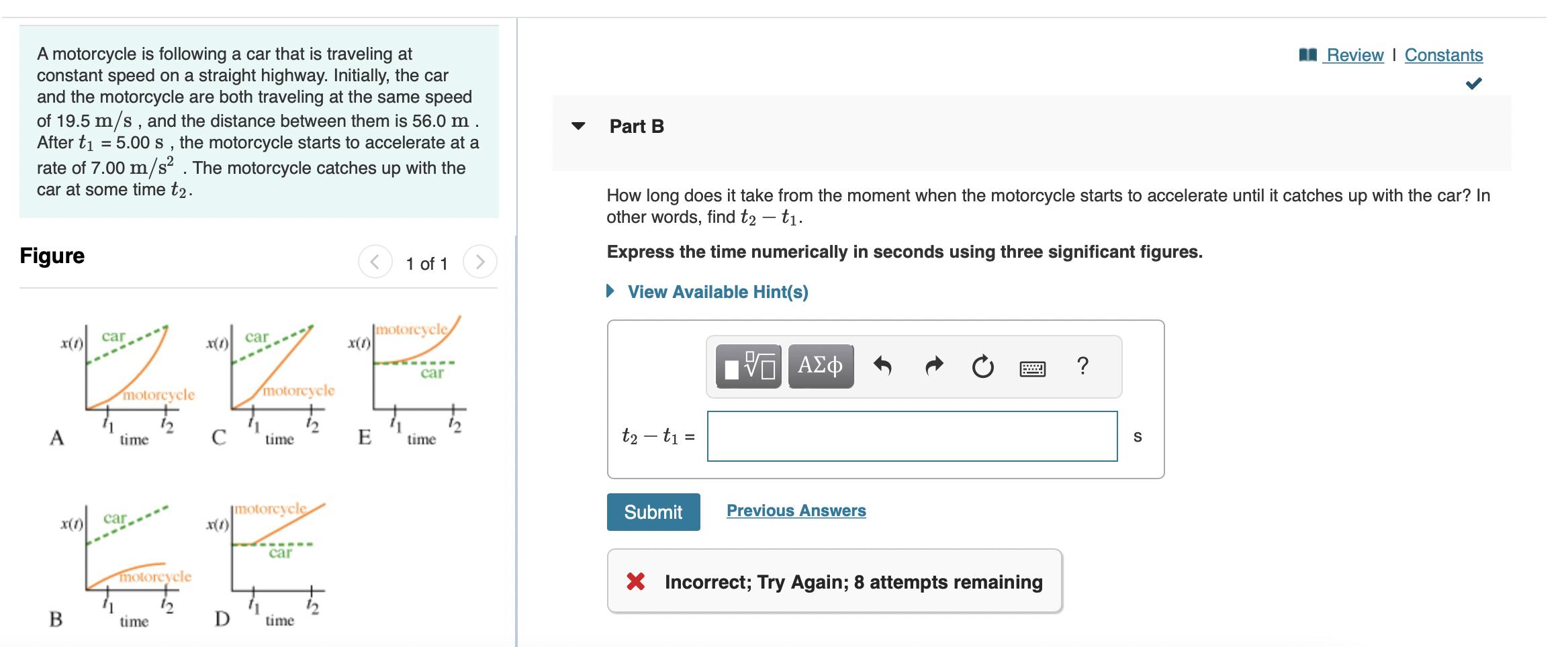 Solved A motorcycle is following a car that is traveling at | Chegg.com