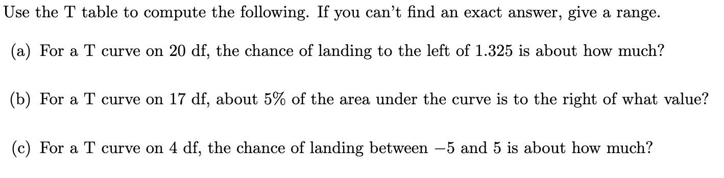 Solved Use the T table to compute the following. If you | Chegg.com
