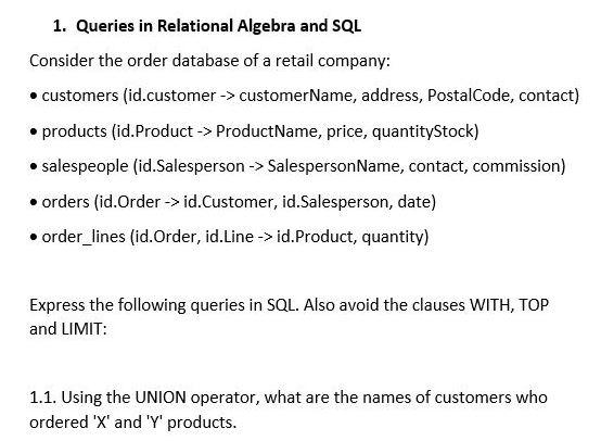 Solved 1. Queries in Relational Algebra and SQL Consider the | Chegg.com