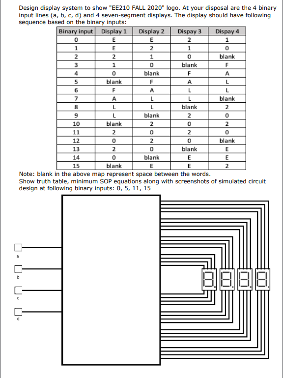 Solved 2 Design display system to show "EE210 FALL 2020" | Chegg.com