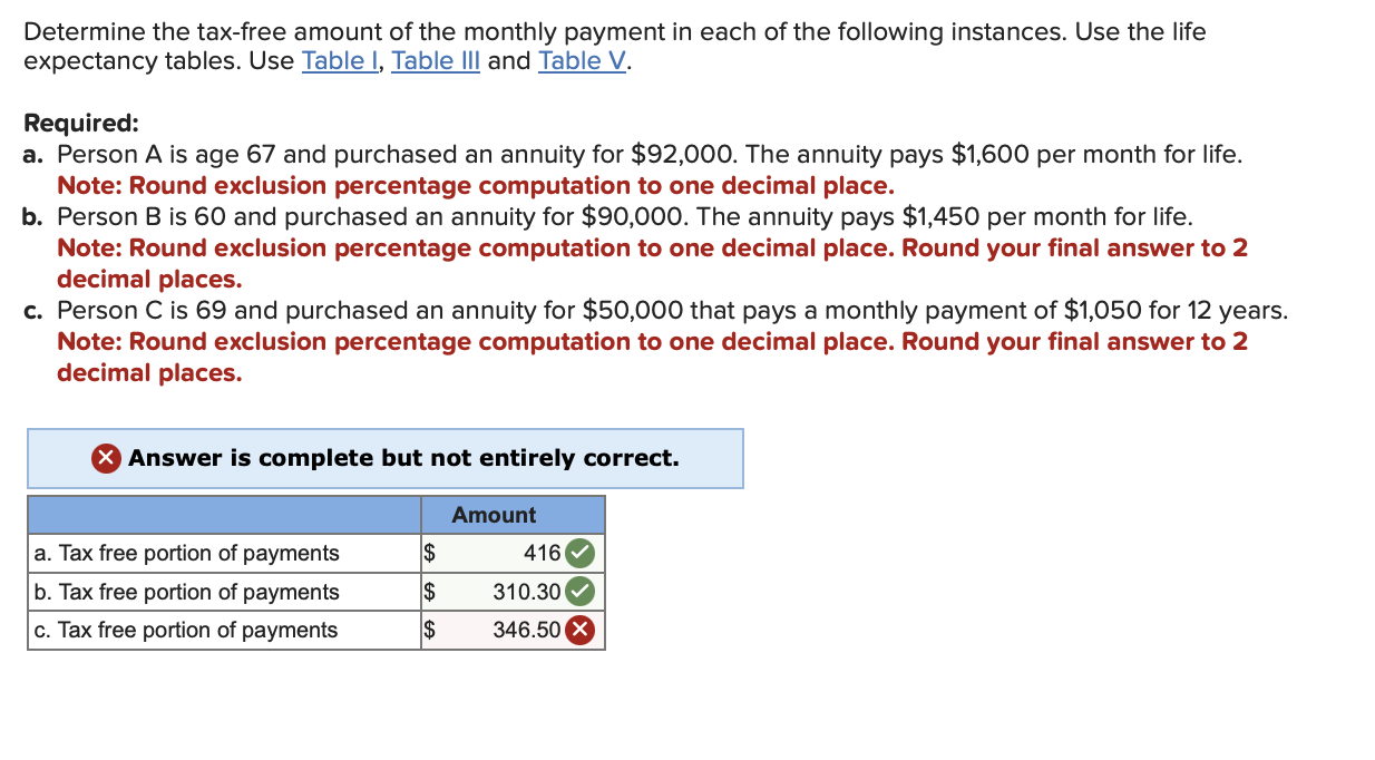 Determine the tax-free amount of the monthly payment | Chegg.com