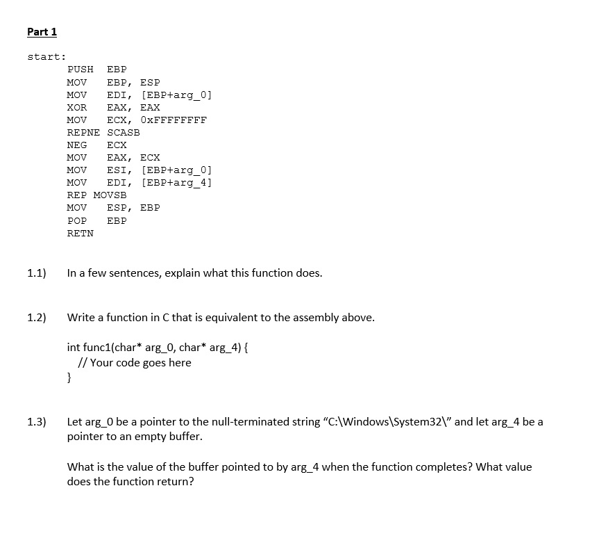 Solved Part 1 start: PUSH EBP MOV EBP, ESP MOV EDI, | Chegg.com