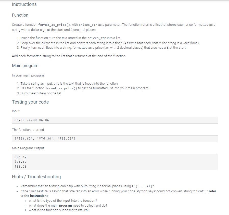 Solved Create a function format_as_price(), ﻿with prices_str | Chegg.com