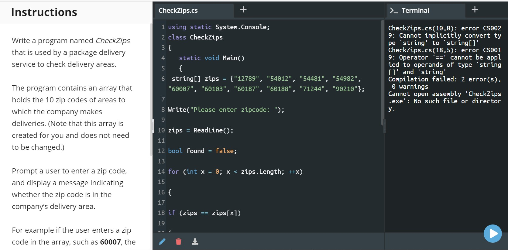 Solved Instructions CheckZips.cs + >_ Terminal Write a | Chegg.com
