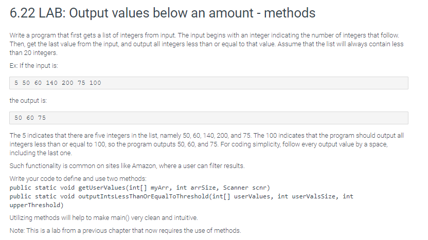 Solved 6.22 LAB: Output values below an amount - methods | Chegg.com