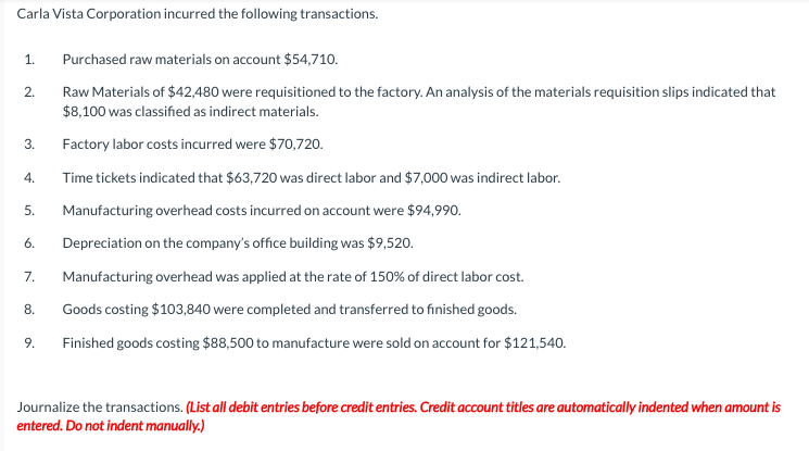 Solved Carla Vista Corporation incurred the following | Chegg.com