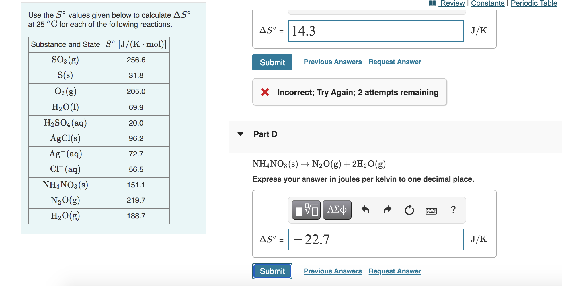 Solved Review | Constants | Periodic Table Use the Sº values | Chegg.com