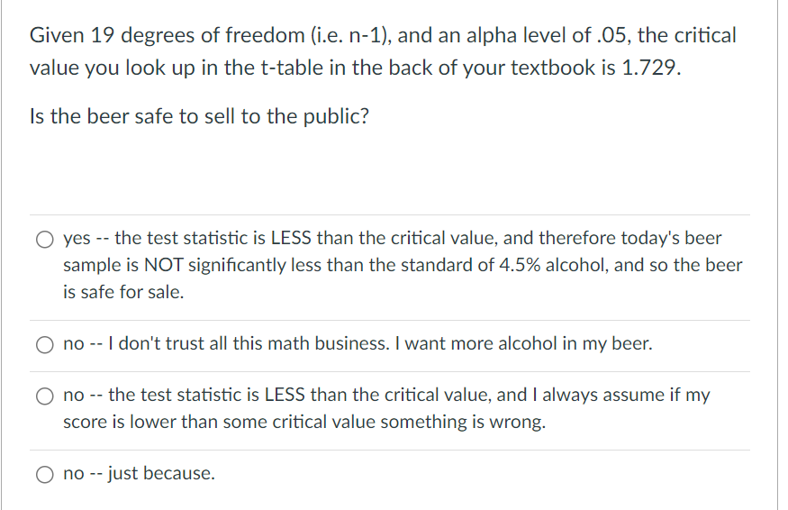 Solved Given 19 degrees of freedom (i.e. n-1), and an alpha | Chegg.com