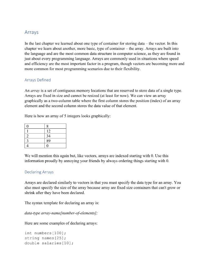 Solved Arrays In the last chapter we learned about one type | Chegg.com