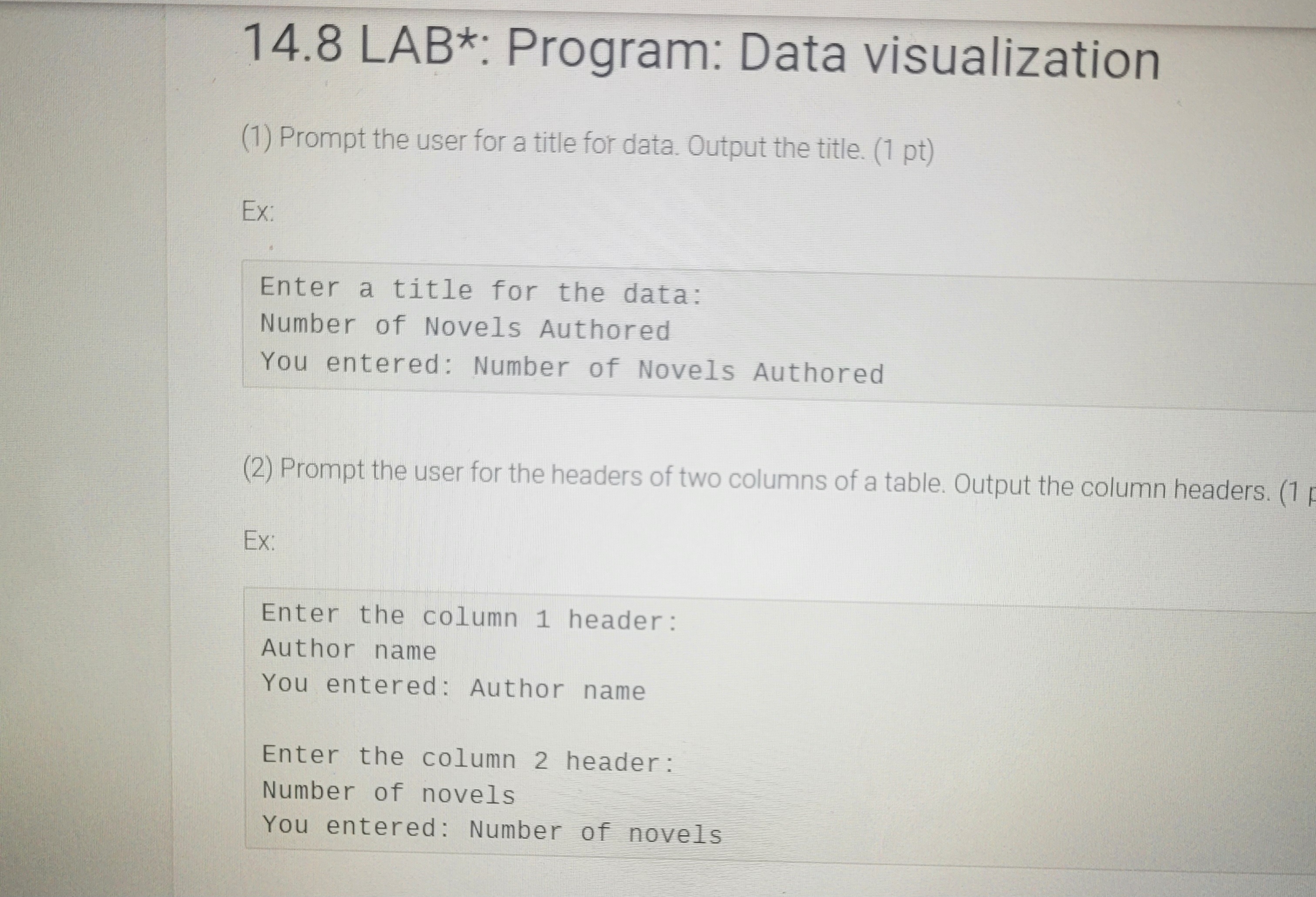 Solved (1) Prompt the user for a title for data. Output the | Chegg.com