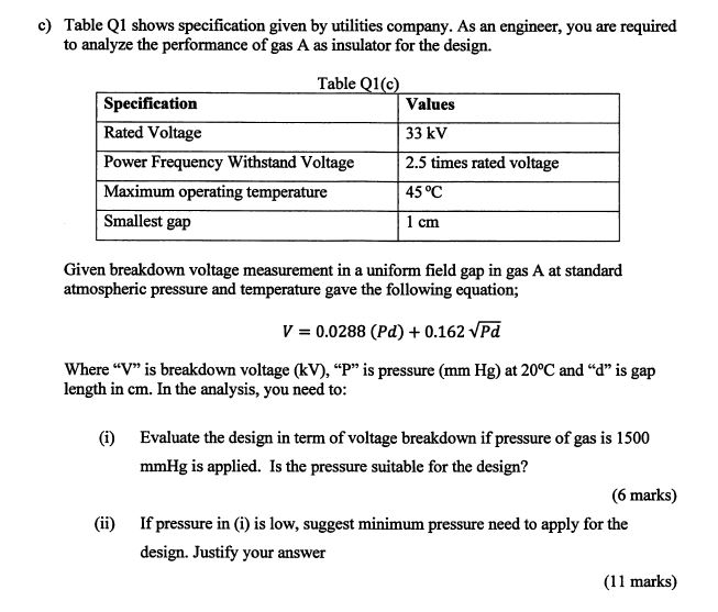 Solved c) Table Q1 shows specification given by utilities | Chegg.com