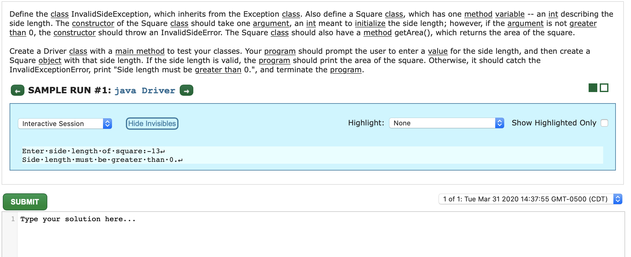 Solved Define the class InvalidSide Exception, which | Chegg.com