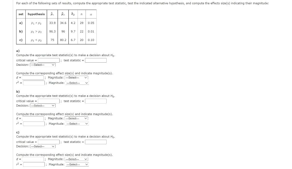 Solved For each of the following sets of results, compute | Chegg.com