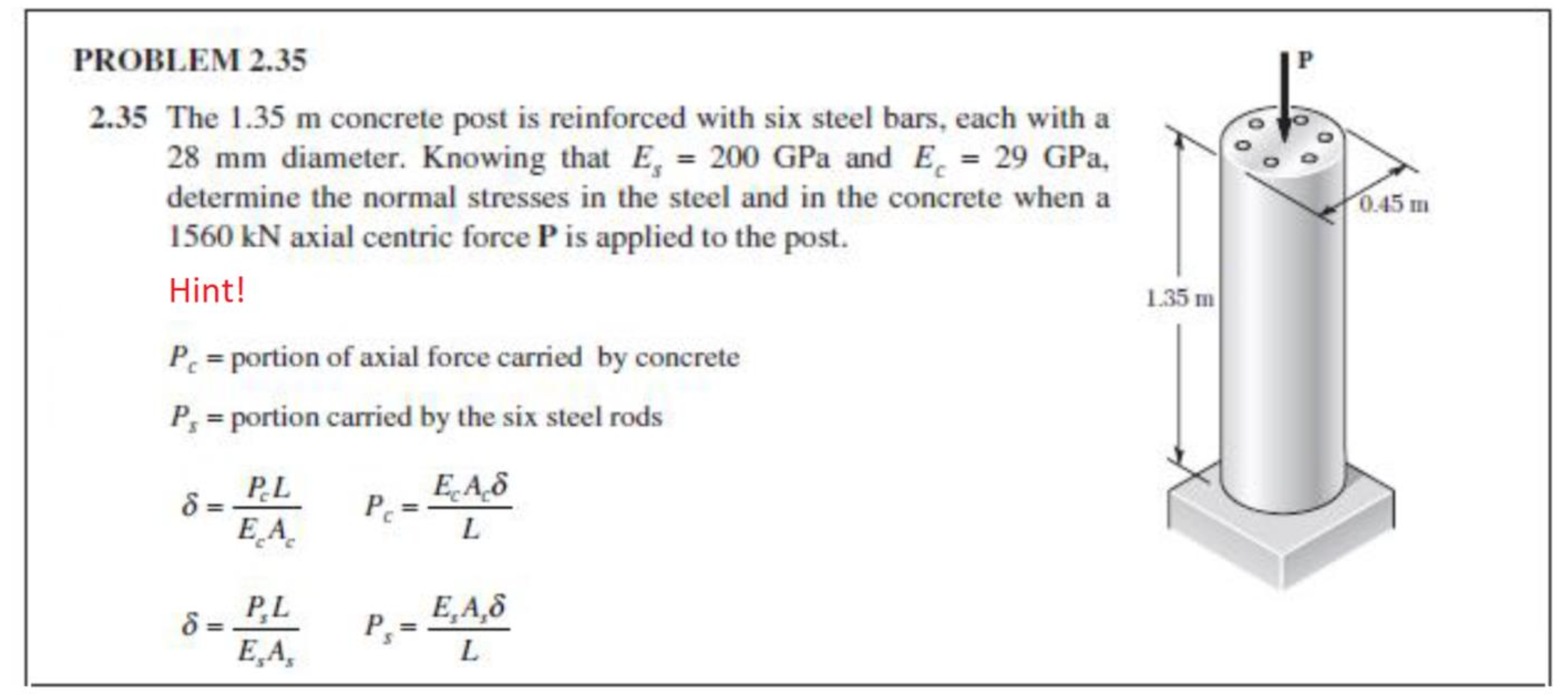 Solved 2.35 The 1.35 m concrete post is reinforced with six | Chegg.com
