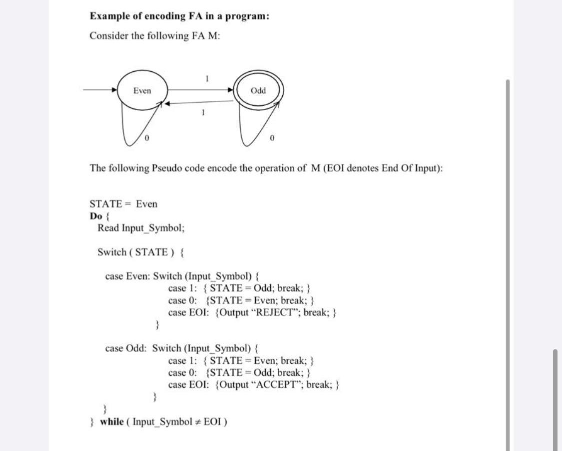Solved Example of encoding FA in a program: Consider the | Chegg.com