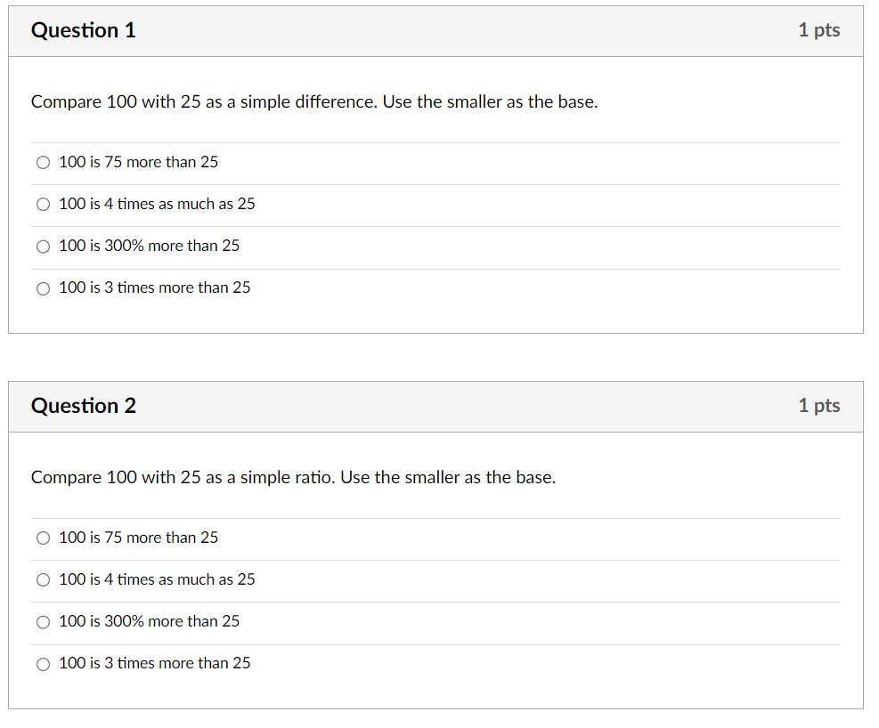 Solved Compare 100 with 25 as a simple difference. Use the | Chegg.com