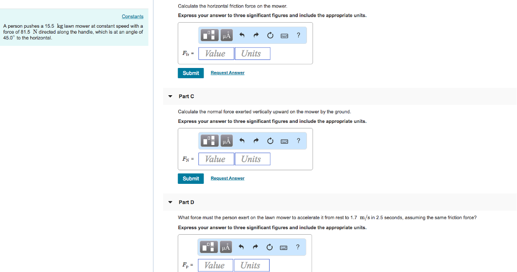 Solved Calculate the horizontal friction force on the mower | Chegg.com