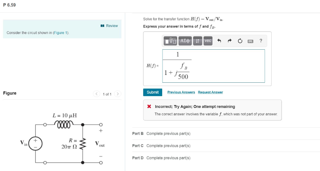 Solved P 6.59 Solve for the transfer function H(f) Vout/Vin | Chegg.com