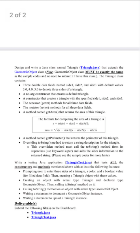 Solved 2 of 2 Design and write a Java class named Triangle | Chegg.com