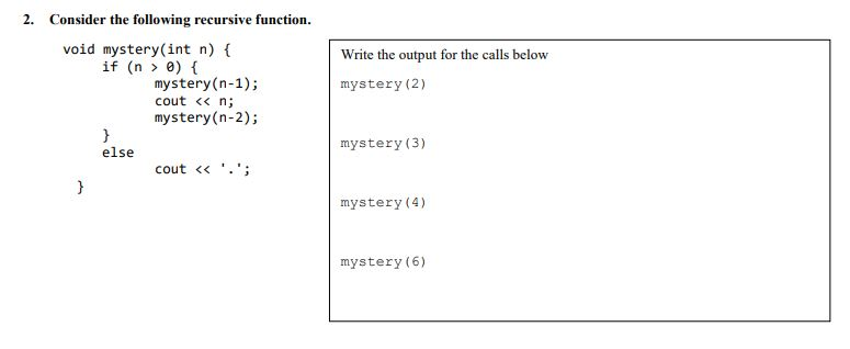Solved 2. Consider the following recursive function. void | Chegg.com